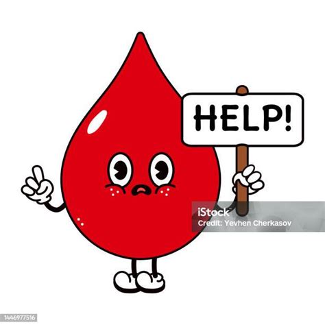 비문 도움말 캐릭터와 함께 귀여운 재미있는 혈액 방울 벡터 손으로 그린 전통적인 만화 빈티지 복고풍 Kawaii 캐릭터 그림 아이콘 격리된 흰색 배경입니다 핏방울 캐릭터 0