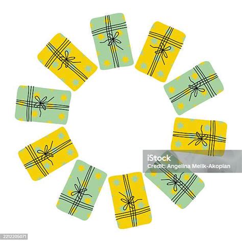 장난기 넘치는 디자인과 축하를 위한 리본이 있는 선물 상자의 다채로운 원형 배열 계획에 대한 스톡 벡터 아트 및 기타 이미지 계획 공예 공유 개념 Istock