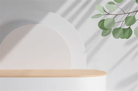 화장품 디스플레이 제품 스탠드 흰색 블록에 나무 실린더 연단 흰색 배경에 녹색 잎 식물 3d 렌더링 그림 프리미엄 사진