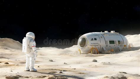 Astronaut Standing On A Barren Moon Surface Looking At A Futuristic Habitat Module Stock
