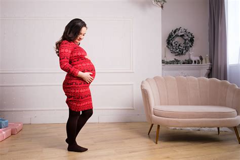 아름다운 임신 한 갈색 갈색 머리 여자는 소파와 방에 서서 그녀의 배를 스트로크 아기와 의사 소통 12월에 대한 스톡 사진 및 기타 이미지 Istock