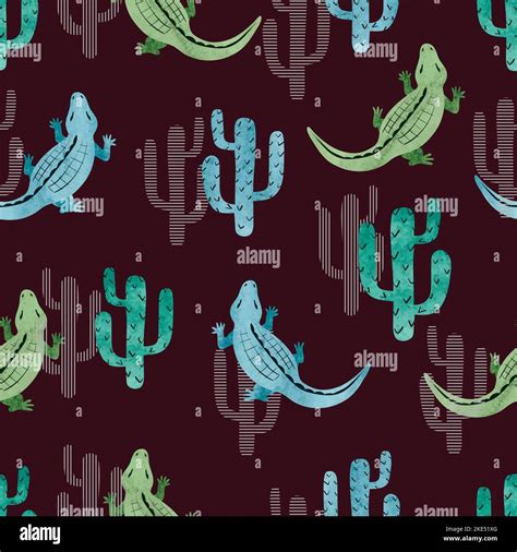 Seamless Watercolor Crocodile Pattern Vector Background With Alligator And Cactus Stock Vector
