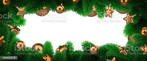 전나무 가지 녹색 가문비 나무 나뭇 가지 축제 유리 공과 별이있는 크리스마스 프레임 복사 공간 빈 프레임 휴일 인사말 배너 템플릿입니다 3d 렌더링 0명에 대한 스톡 사진