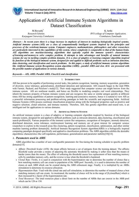Application Of Artificial Immune System Algorithms In Dataset Classification Pdf