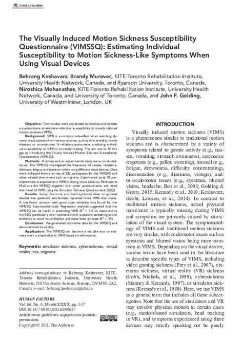 Pdf The Visually Induced Motion Sickness Susceptibility Questionnaire Vimssq Estimating