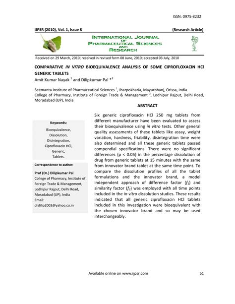Pdf Comparative In Vitro Bioequivalence Analysis Of Some Ciprofloxacin Hcl Generic Tablets