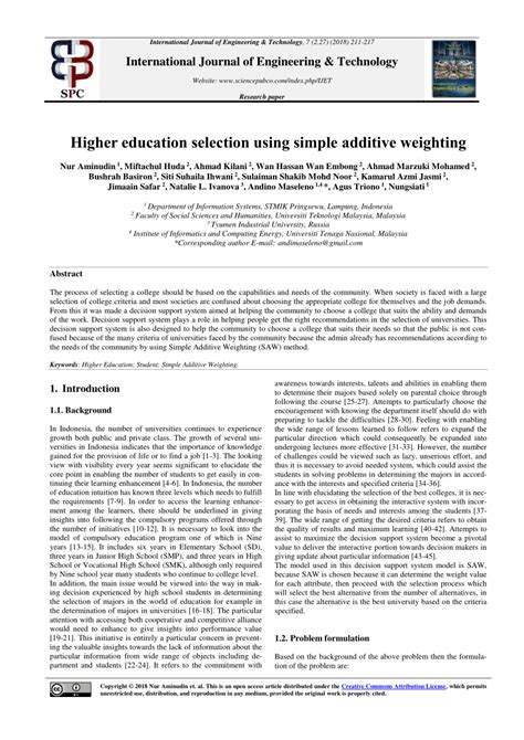 Pdf Higher Education Selection Using Simple Additive Weighting