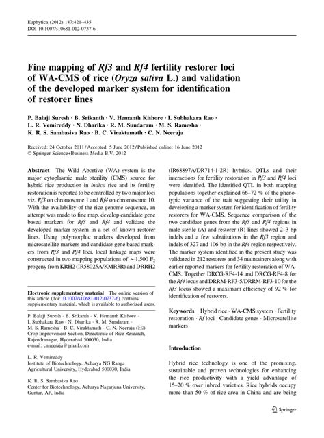 Pdf Fine Mapping Of Rf3 And Rf4 Fertility Restorer Loci Of Wa Cms Of Rice Oryza Sativa L
