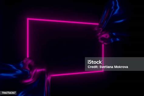 네온 조명 직사각형 프레임 3d 일러스트에 빛나는 흐르는 직물 0명에 대한 스톡 사진 및 기타 이미지 0명 Led 조명 검은색 Istock