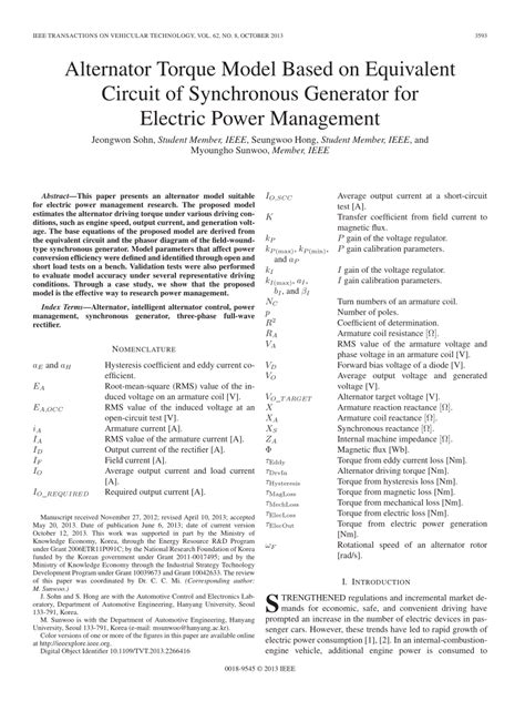 Pdf Alternator Torque Model Based On Equivalent Circuit Of Synchronous Generator For Electric