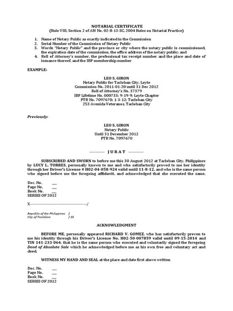 Requirements For A Notarial Certificate And Examples Of A Jurat And