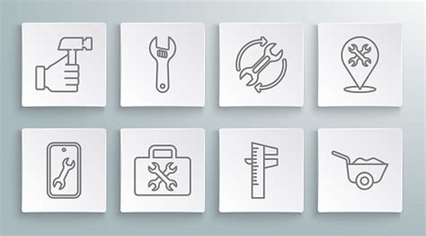 라인 모바일 서비스 조정 가능한 렌치 도구 상자 캘리퍼 또는 캘리퍼 및 스케일 수레 렌치 화살표를 워크 플로 위치 및 망치 아이콘으로 설정합니다 벡터 Brand Name