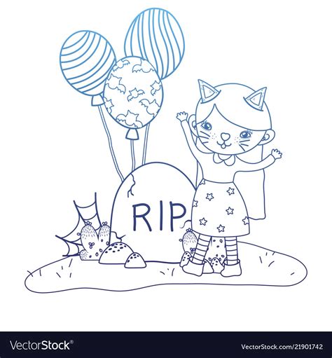 Degraded Outline Girl With Kitten Costume Rip Vector Image