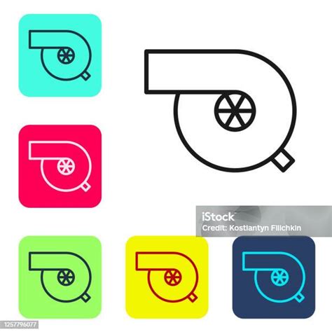 흰색 배경에 격리 된 블랙 라인 자동차 터보 차저 아이콘 차량 성능 터보 터보 압축기 유도 색상 정사각형 단추로 아이콘을