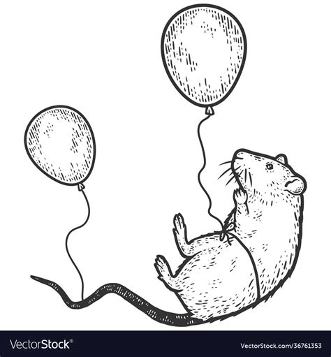 Rat Is Flying On Balloons Sketch Scratch Board Vector Image