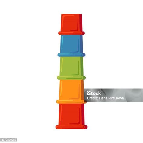 플라스틱 컵과 여러 가지 빛깔의 어린이 피라미드 아기 멀티 컬러 선별기 몬테소리 교육 논리 장난감 유아 개발을위한 흰색 배경에 격리된 벡터 그림 컵에 대한 스톡 벡터 아트