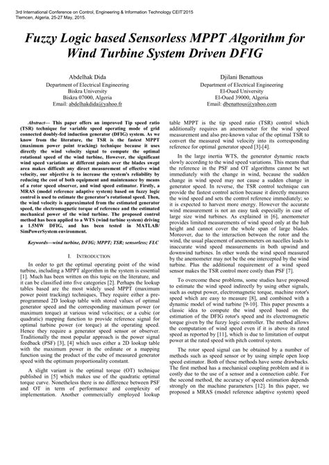 pdf fuzzy logic based sensorless mppt algorithm for wind turbine system driven dfig