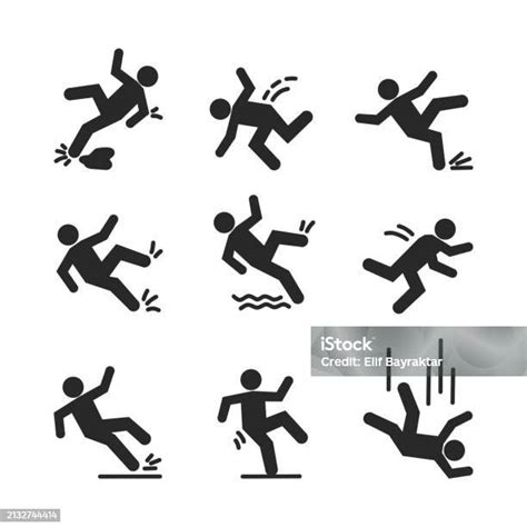 떨어지는 스틱 그림 남자와 주의 기호의 집합입니다 그는 계단을 내려가 가장자리로 넘어졌다 젖은 바닥 계단에 붙어 있습니다 작업장 안전 개념에 대한 스톡 벡터 아트 및 기타