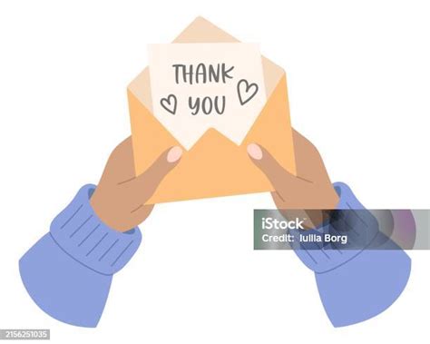 감사 카드가 들어 있는 봉투를 들고 있는 손 커뮤니케이션 서신 감사 게시물 또는 문구 테마 평면 스타일의 벡터 그림입니다 감사에