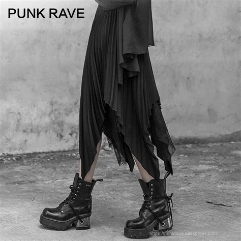 펑크 레이브 여성용 고딕 양면 날카로운 각도 불규칙한 밑단 레이스 스커트 플리츠 쉬폰 블랙 하프 스커트스커트 Aliexpress
