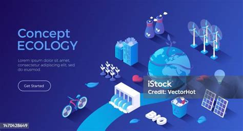 생태학 녹색 도시 에코 행성 바이오 기술 아이디어 태양 전지판 풍력 터빈 수력 발전소 재활용 에너지 절약 아이소메트릭 랜딩 페이지 벡터 웹 배너입니다 3차원 형태에 대한