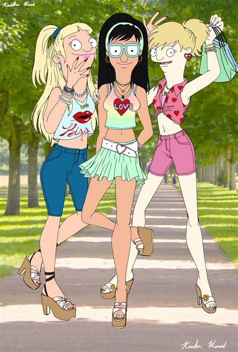 Three Cartoon Characters Are Walking Down The Street With One Holding