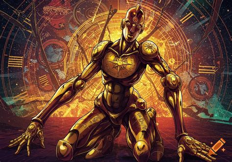 Golden Robotic Figure With A Compass Chest And Celestial Clockwork