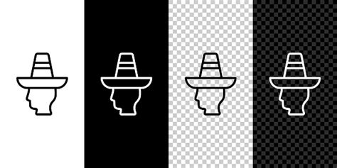 설정 라인 멕시코 남자 는 검은 색과 흰색 투명 한 배경에 고립 된 Sombrero 아이콘을 입고 콧수염을 가진 히스패닉 남자
