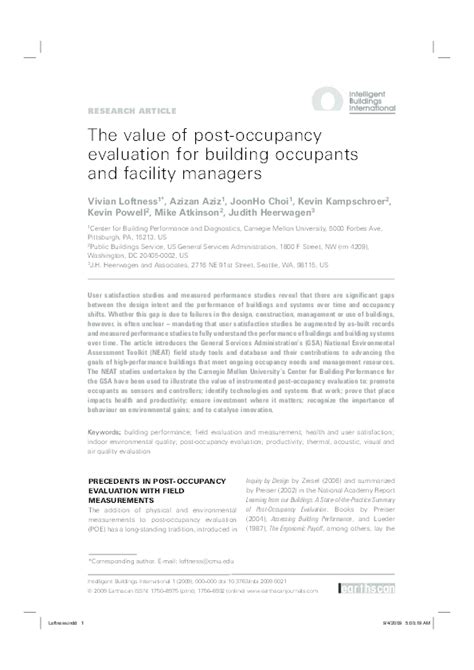 Pdf The Value Of Post Occupancy Evaluation For Building Occupants And Facility Managers