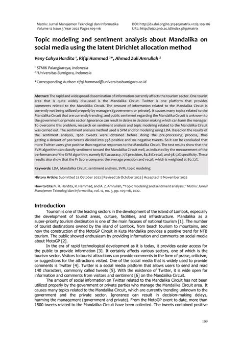 pdf topic modeling and sentiment analysis about mandalika on social