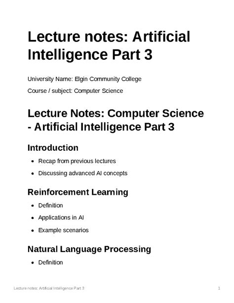 Lecture Notes Artificial Intelligence Part 3 Lecture Notes
