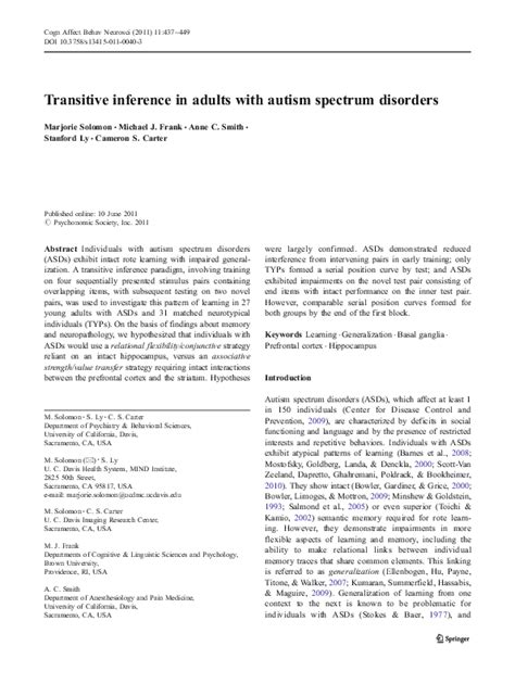 Pdf Transitive Inference In Adults With Autism Spectrum Disorders