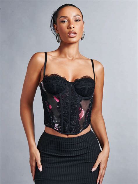 Shein Bae Floral Print Contrast Lace Cami Top Shein Usa