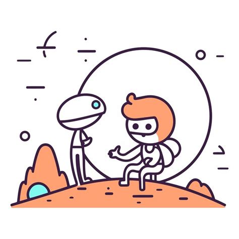 Premium Vector Robot And Girl In Outer Space In Thin Line Style