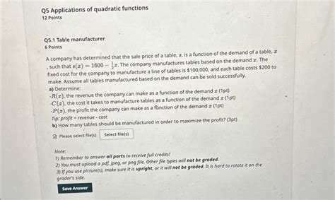 Solved Q5 Applications Of Quadratic Functions 12 Points Q51