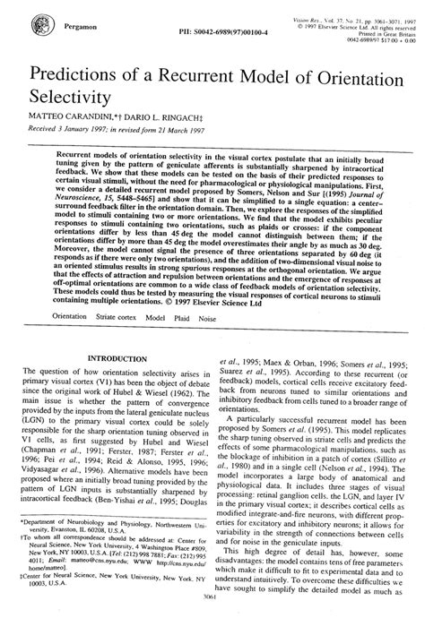 Pdf Predictions Of A Recurrent Model Of Orientation Selectivity