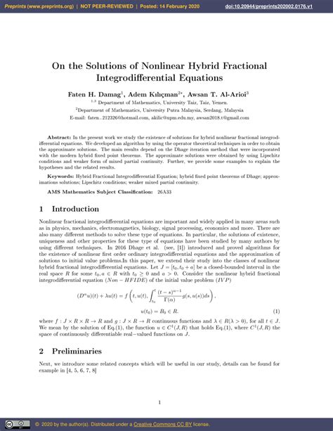 Pdf On The Solutions Of Nonlinear Hybrid Fractional Integrodifferential Equations