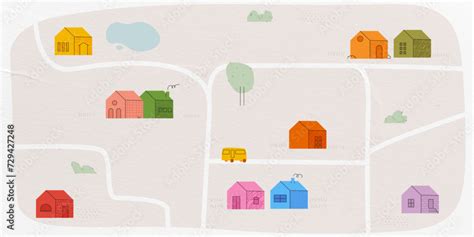 Cute Map In Cartoon Style With Trendy Simple Buildings With Textures