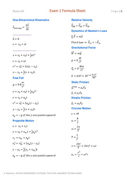 Physics Exam 1 Formula Sheet Pdf Physical Sciences Applied And