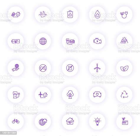 에코 보라색 색상의 윤곽선 아이콘은 보라색 그림자가있는 밝은 둥근 버튼에 있습니다 웹 모바일 앱 Ui 디자인 및 인쇄를위한 에코 아이콘 세트 Friendly Match에