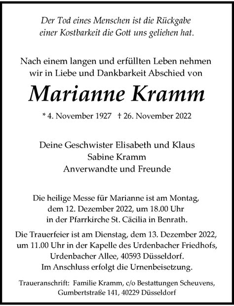 Alle Traueranzeigen Für Marianne Kramm Trauer Rp Online De