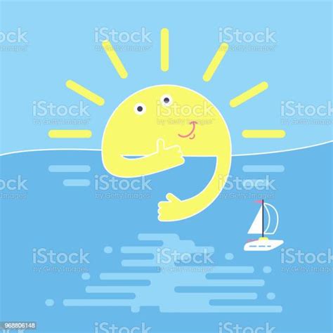 좋은 아침 상승 미소와 엄지 태양 강 쇼 엄지를 뒤에 하늘 강 웃는 태양과 작은 배 또는 아침 최소한의 추상 평면 스타일 벡터 일러스트 레이 션에 보트 강에 대한 스톡 벡터