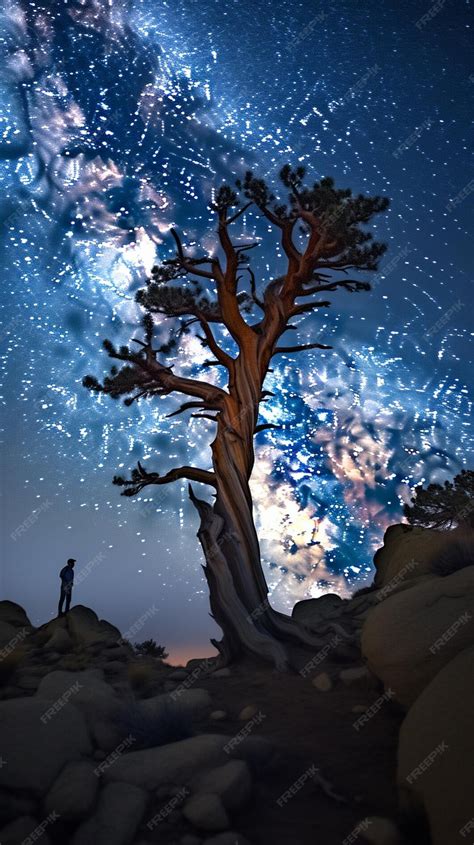 Starry Night Sky With A Lone Tree And A Man Standing On A Rocky Hill