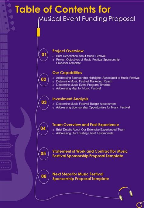 Table Of Contents For Musical Event Funding Proposal One Pager Sample