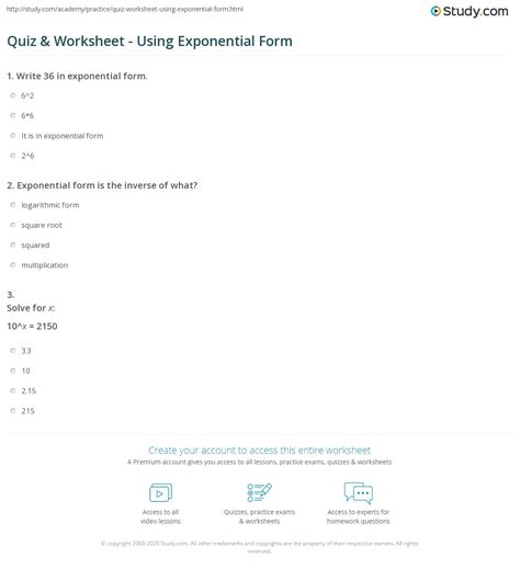 Quiz And Worksheet Using Exponential Form Quiz And Worksheet Using Exponential Form