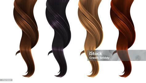 화려한 물결 모양과 곱슬 머리 가닥 벡터 고립 된 3d 그림입니다 미용사 미용실 헤어 케어 화장품 샴푸 컨디셔너 또는 염색약 포장 헤어 스트랜드를 위한 디자인 요소 자물쇠에