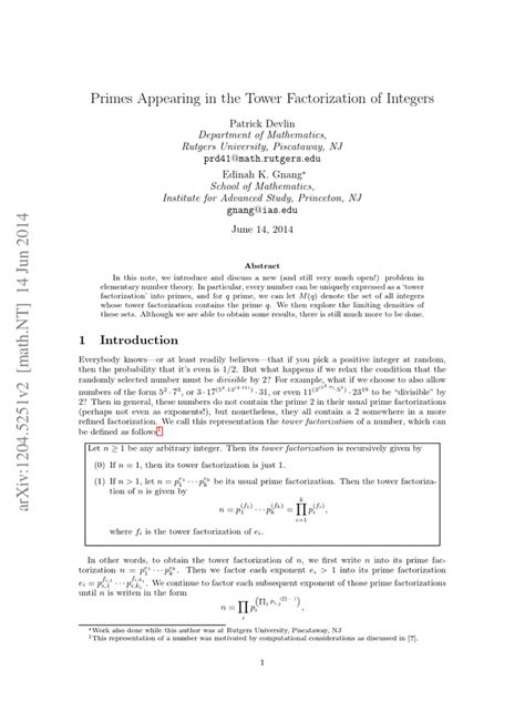 Primes Appearing In The Tower Factorization Of Integers Pdf Factorization Prime Number