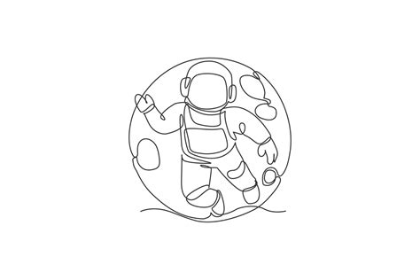 Single Continuous Line Drawing Of Floating Science Astronaut In Spacewalk Flying Against Full