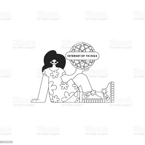 Girl Clutching Iot Symbol Linear Vector Illustration Stock Illustration Download Image Now