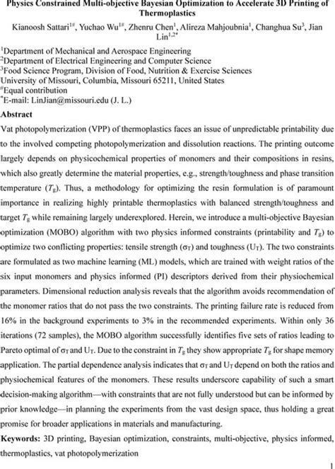 Physics Constrained Multi Objective Bayesian Optimization To Accelerate 3d Printing Of